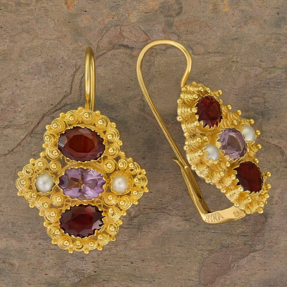 Duchess Of Newcastle Garnet Amethyst and Pearl Earrings : Museum of Jewelry