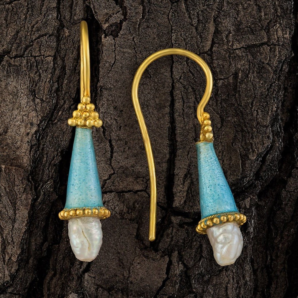 Jane Foole Enamel and Pearl Ice Blue Earrings : Museum of Jewelry