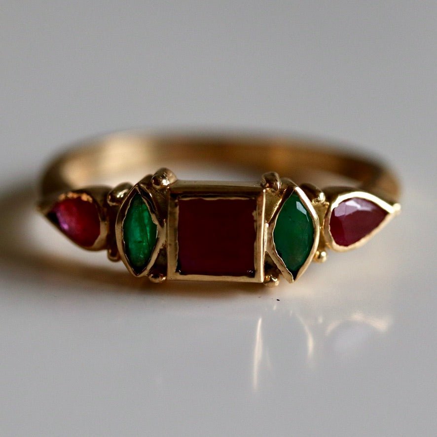 St Patrick 14k Gold, Garnet, Ruby & Emerald Ring : Museum of Jewelry